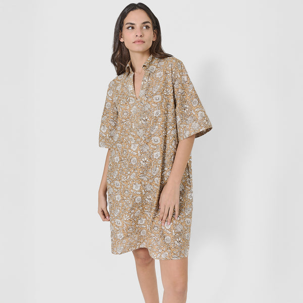 Vestido corto camisero hilo mastella ocre – Tramas+